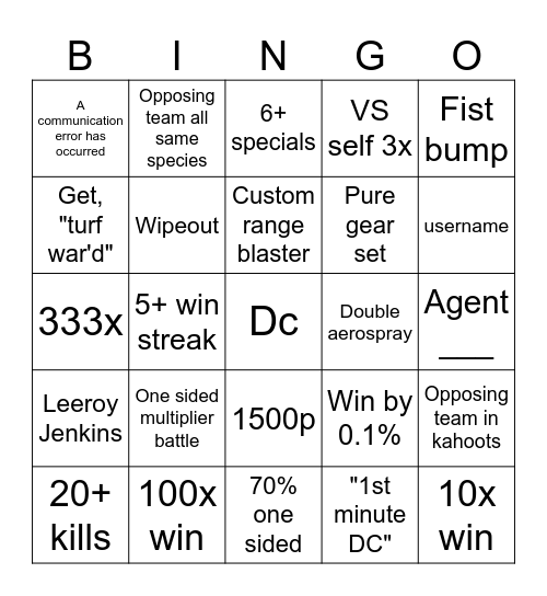 Splatfest Bingo Card