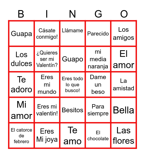 Feliz Dia de San Valentin Bingo Card