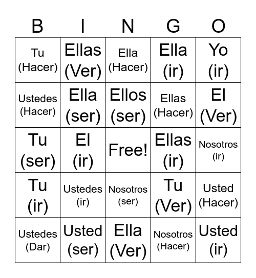 Irregular verbs of Ser, Ir, Hacer, Dar, Ver Bingo Card