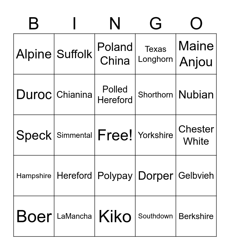 Livestock Breeds Bingo Card