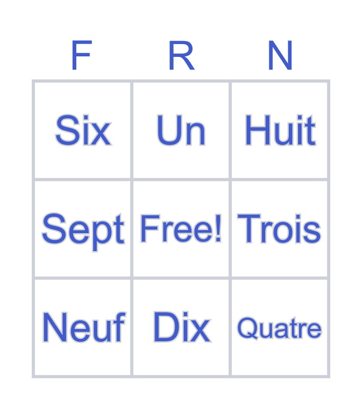 French numbers Bingo Card