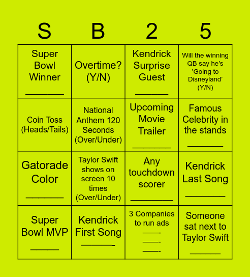 SUPER BOWL BINGO 2025 Bingo Card