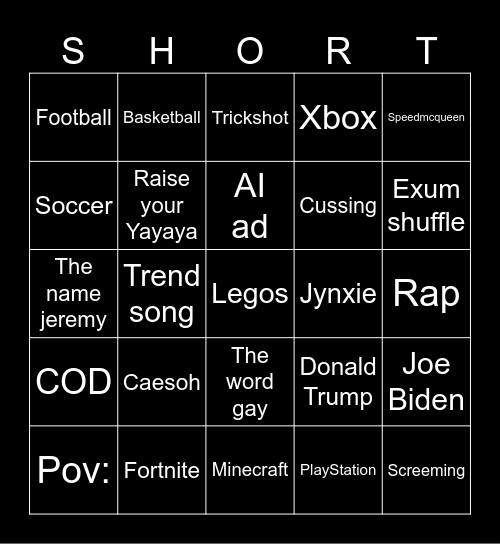 YT shorts Bingo Card