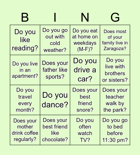 Present Simple Bingo Card
