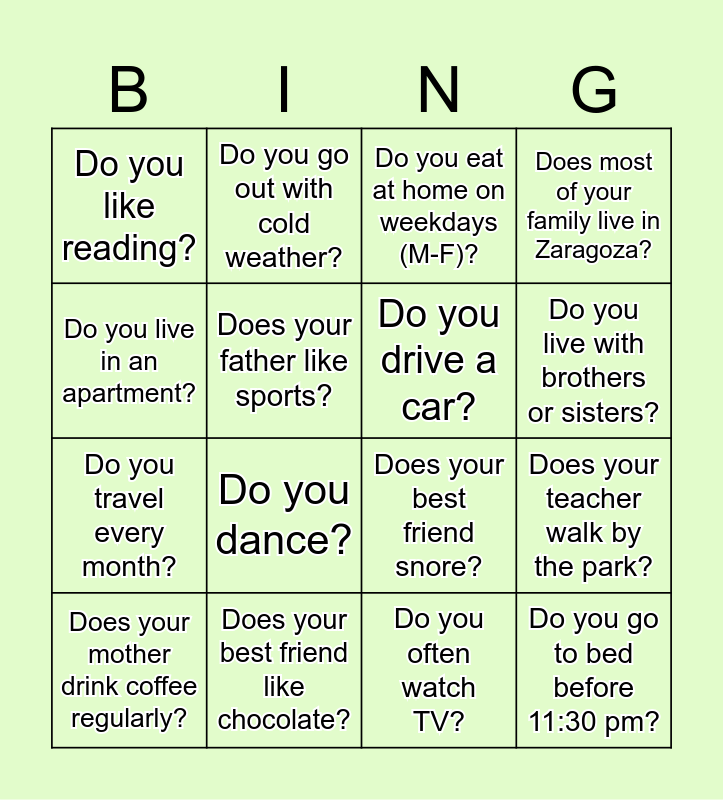 Present Simple Bingo Card