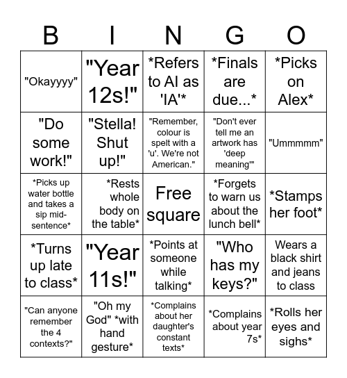 Art Class Bingo (Feat. Ms FitzGerald) Bingo Card