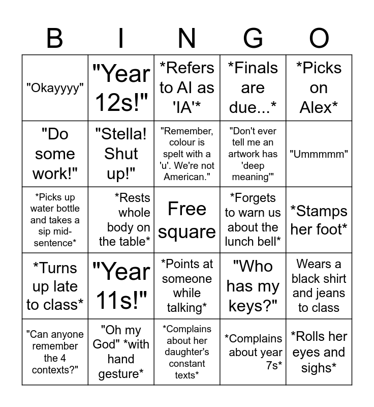 Art Class Bingo (Feat. Ms FitzGerald) Bingo Card