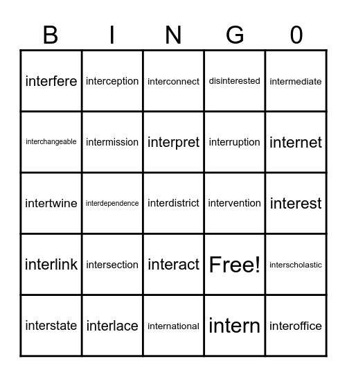 Prefix inter- Words Bingo Card