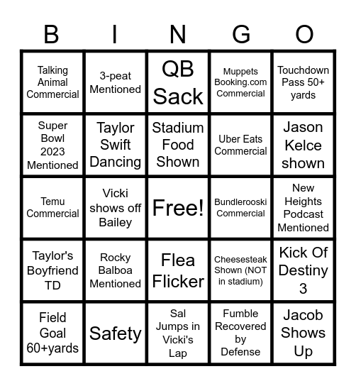 Super Bowl Bingo Card