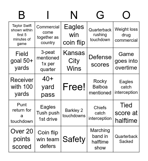 Super Bowl 2025 Bingo Card