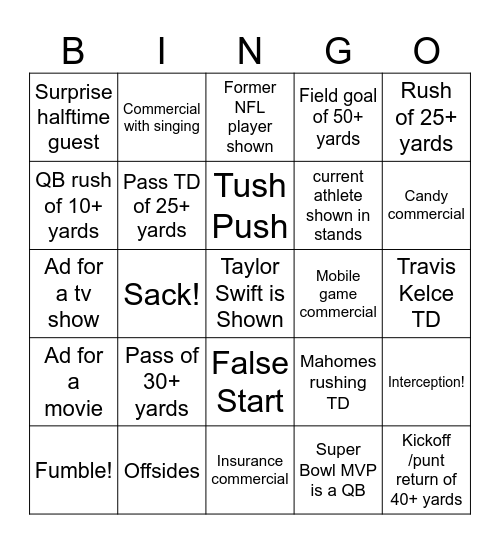 Super Bowl 2025 Bingo Card