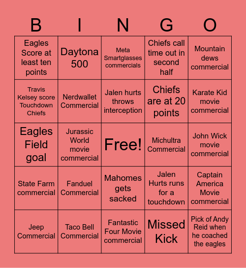Super Bowl 2025 Bingo Card