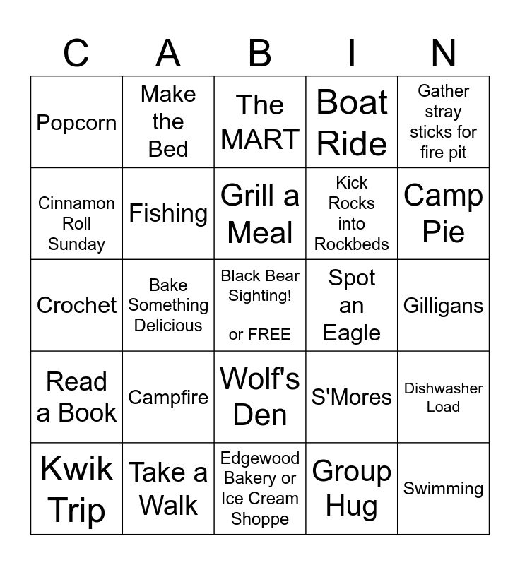 Putzy Cabin BINGO! Bingo Card