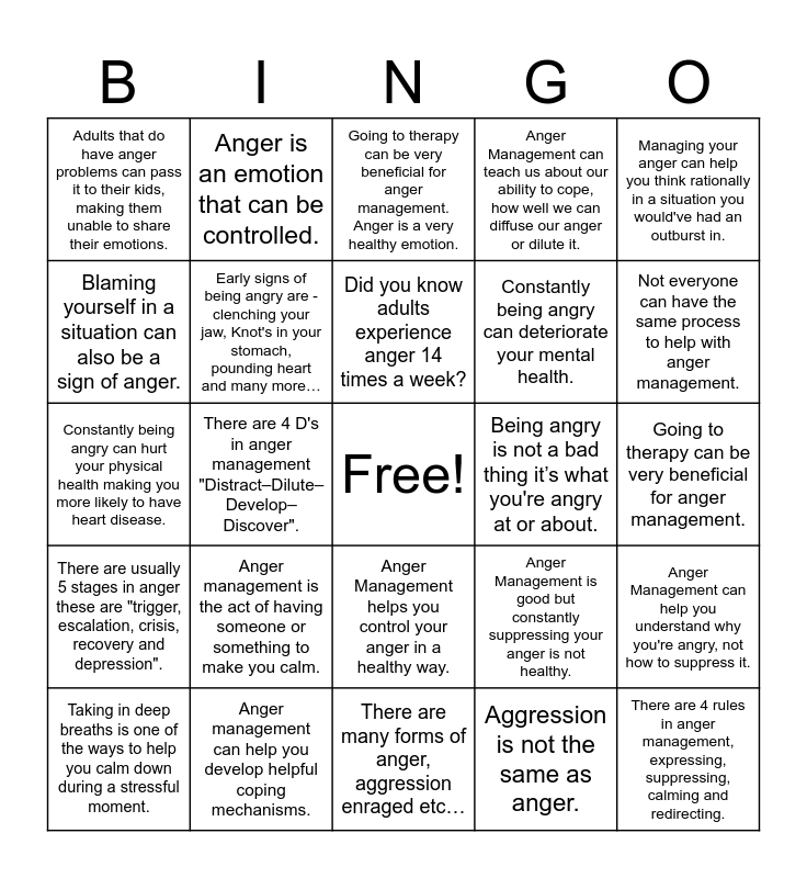Anger Management Bingo Card