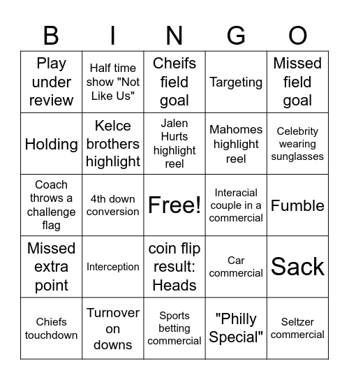 Super Bowl Bingo Card