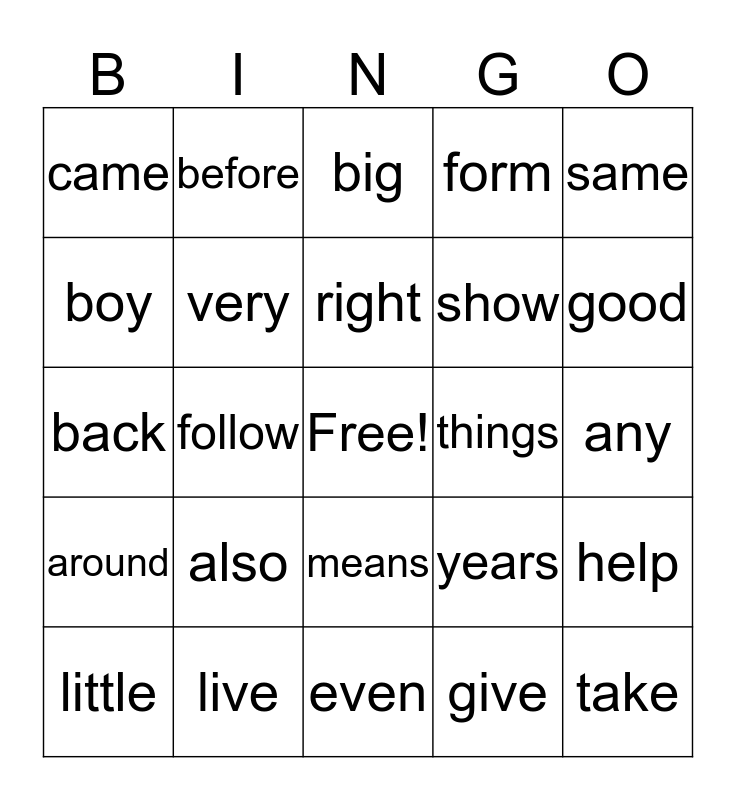 Fry Words (2nd Hundred) Bingo Card