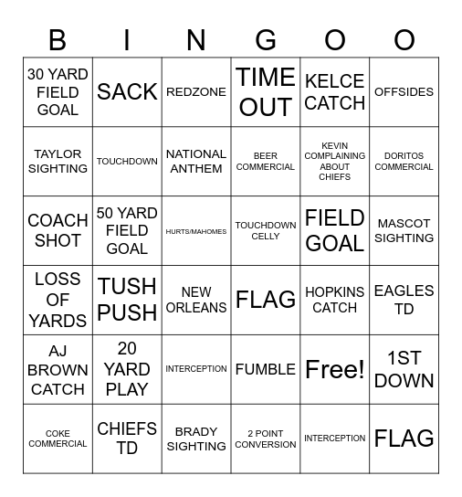 SUPER BOWL Bingo Card