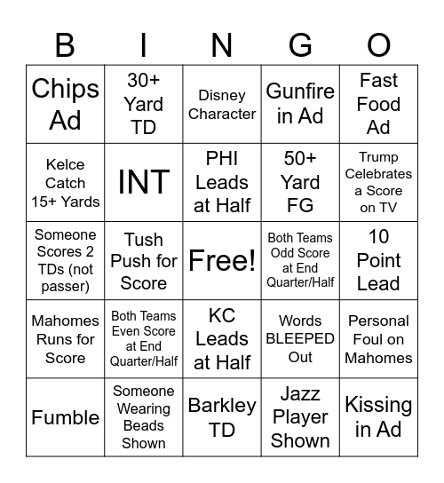 Super Bowl 2025 Bingo Card