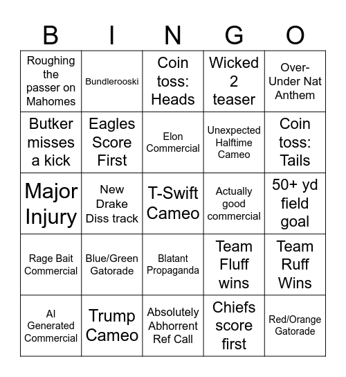 Superbowl ‘25 Bingo Card