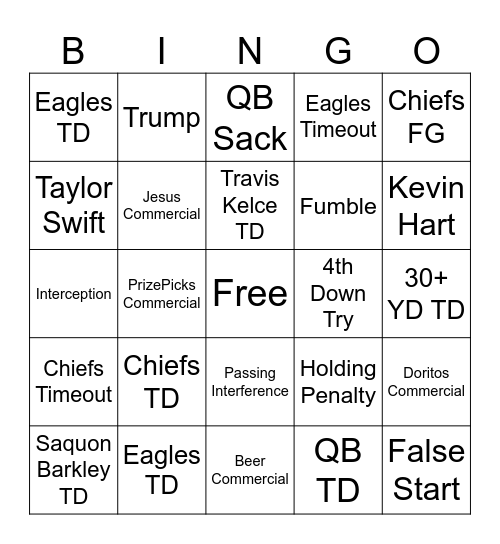 Super Bowl 2025 Bingo Card