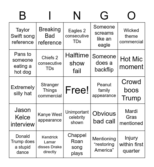 Super Bowl 2025 Bingo Card