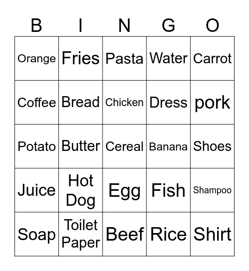 Basic Store Items Bingo Card