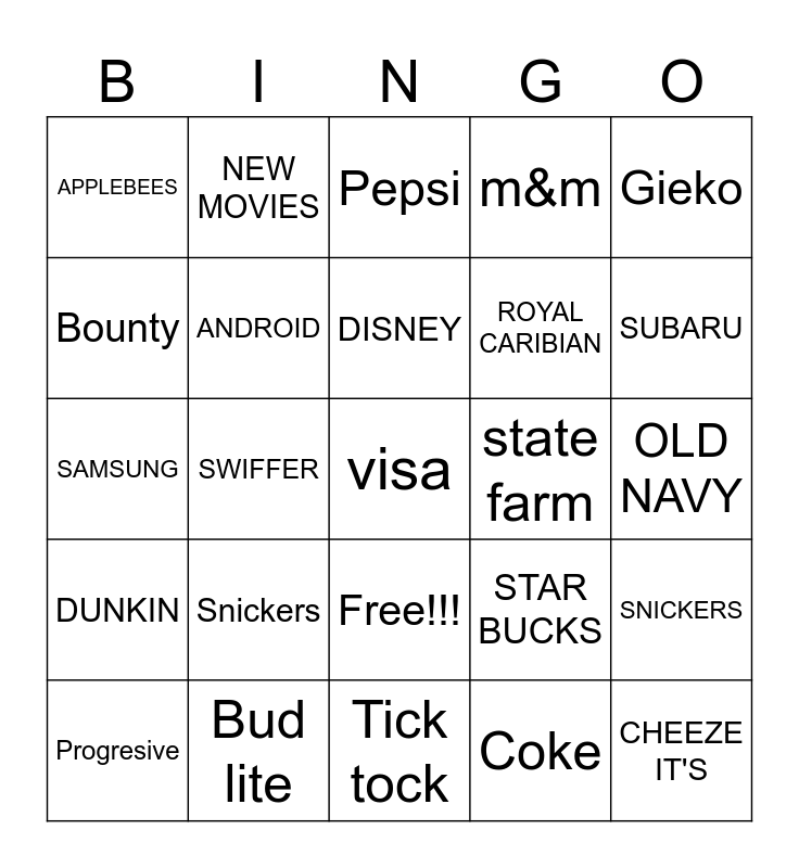 Super Bowl Commercial Bingo Card