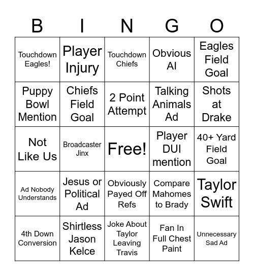 Super Bowl Bingo Card