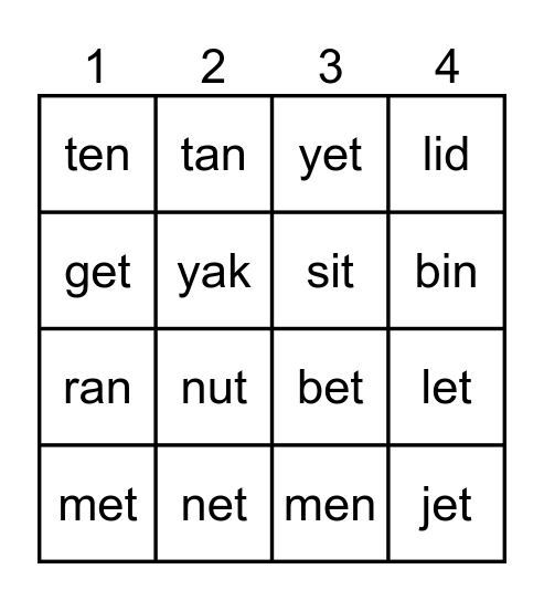 3-Letter-Word short vowels Bingo Card