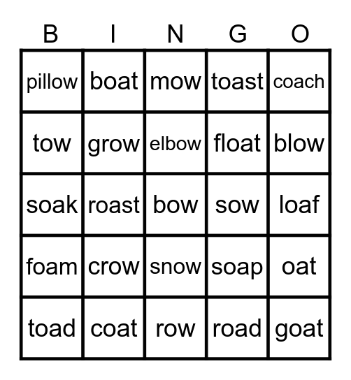 Long O words (oa/ow) Bingo Card