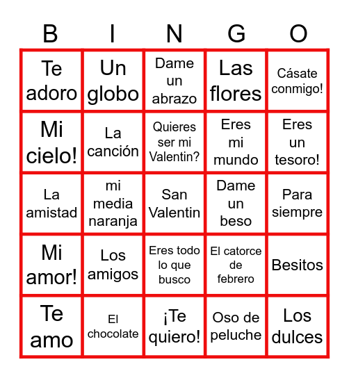 Feliz dia de San Valentine Bingo Card