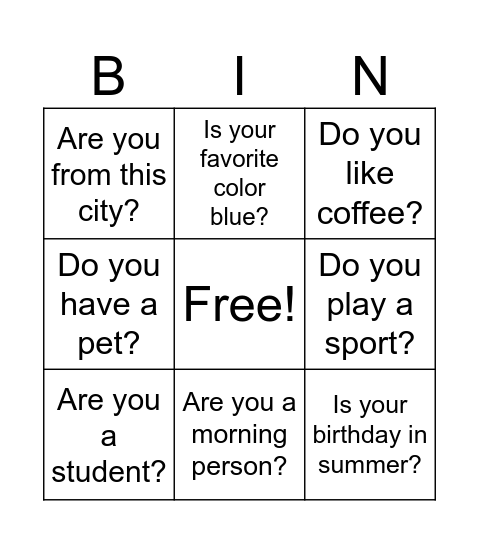 Bingo Questions Bingo Card
