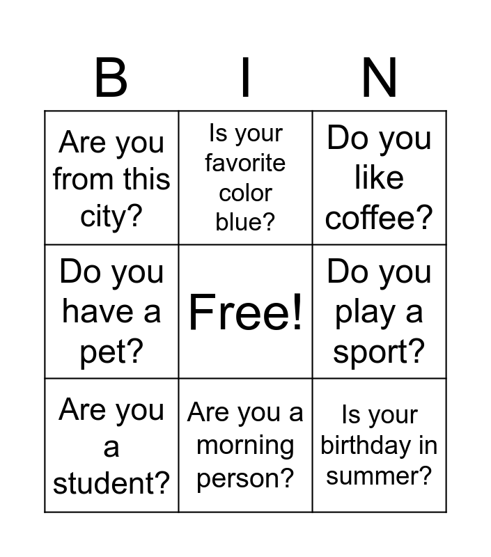 Bingo Questions Bingo Card