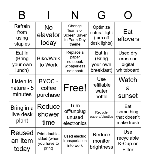 Go Green Bingo Card