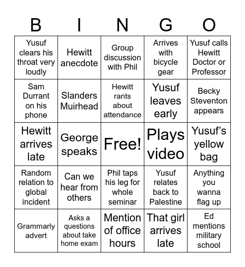 Hewitt Bingo Card