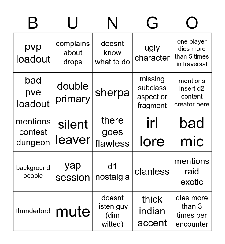 destiny 2 LFG bungo card Bingo Card