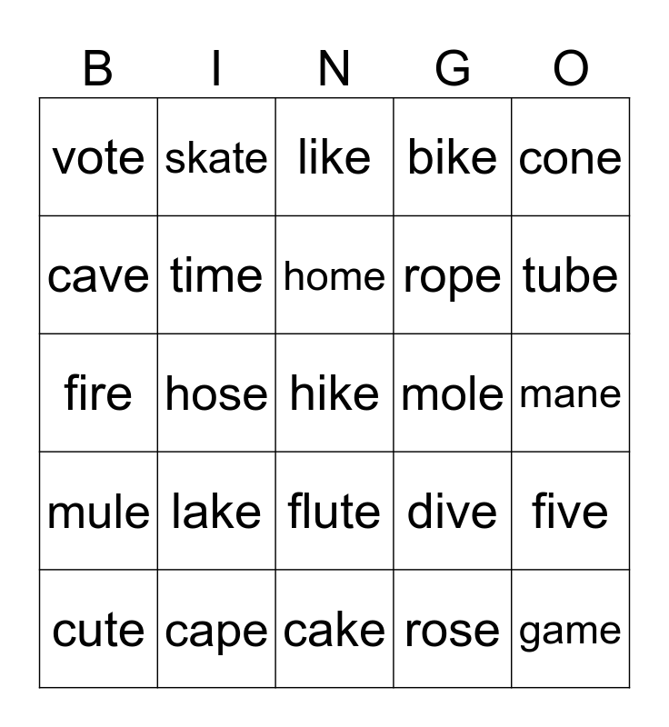 Long Vowel Bingo Card