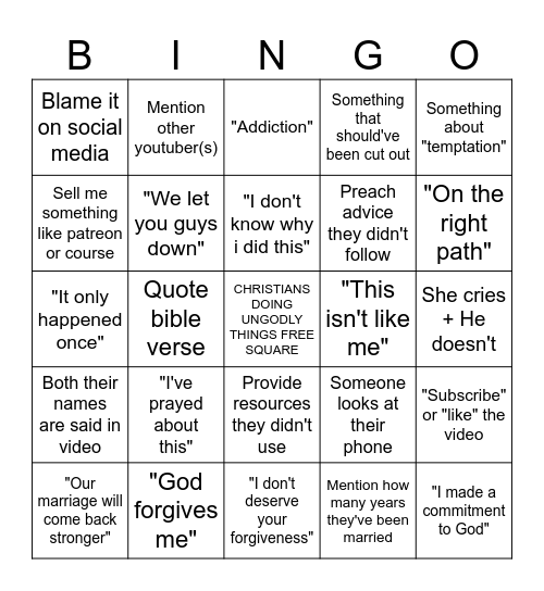 Fundie Apology Bingo Card