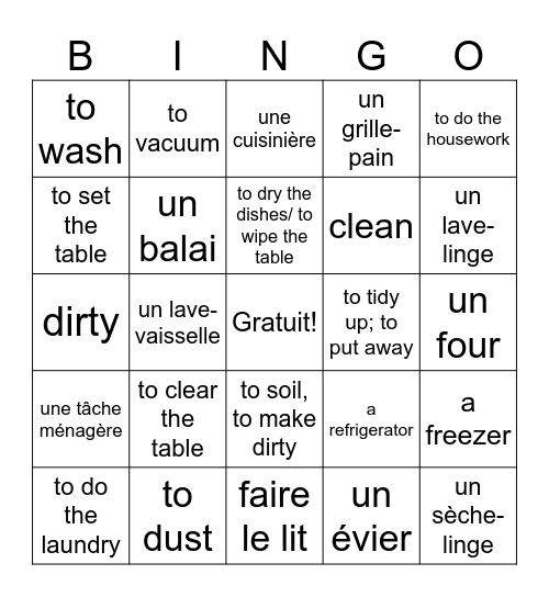 Les tâches ménagères Bingo Card