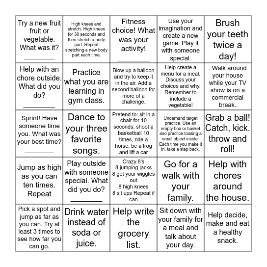 Run Wild! Health and Fitness Bingo Sheet ____ Color, fill in or mark ...