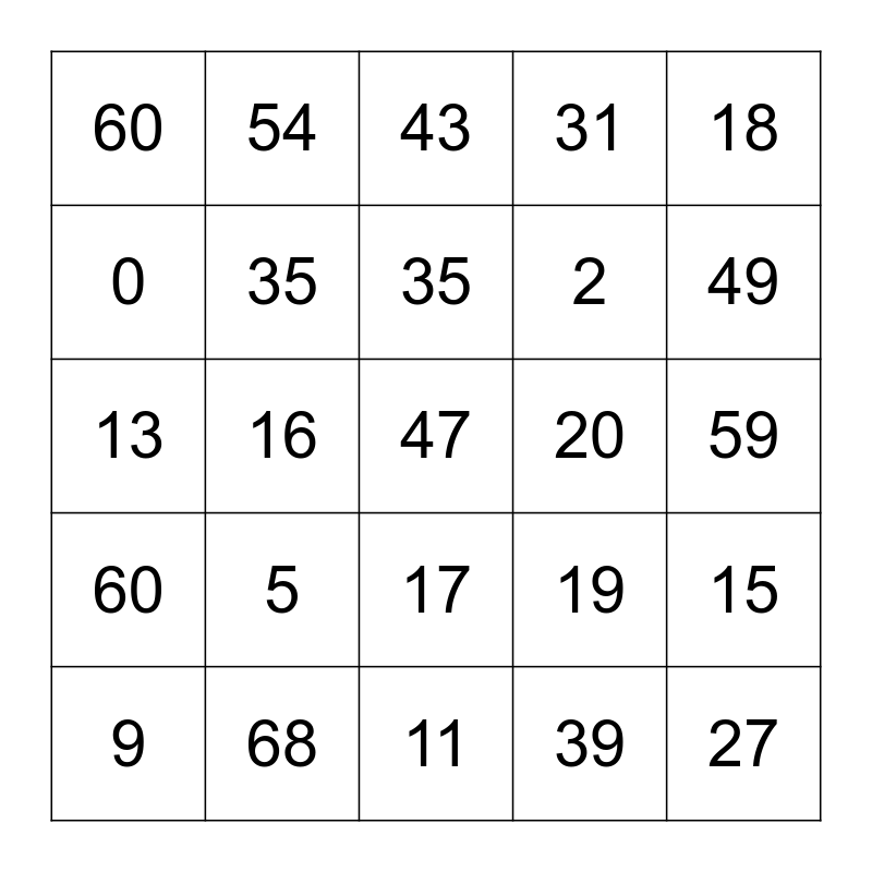 Les nombres 0-69 Bingo Card