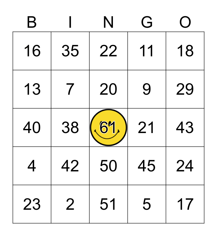 Numbers 1 - 60 Bingo Card