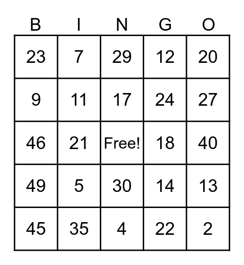 Numbers 1-50 Bingo Card