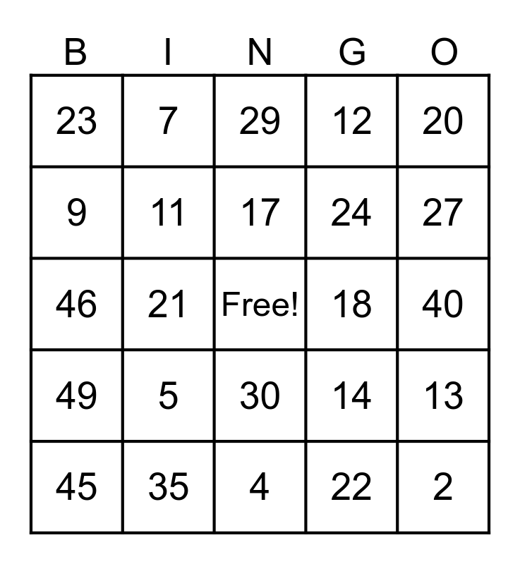 Numbers 1-50 Bingo Card
