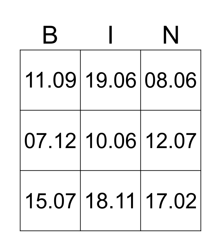 Dates Bingo Card