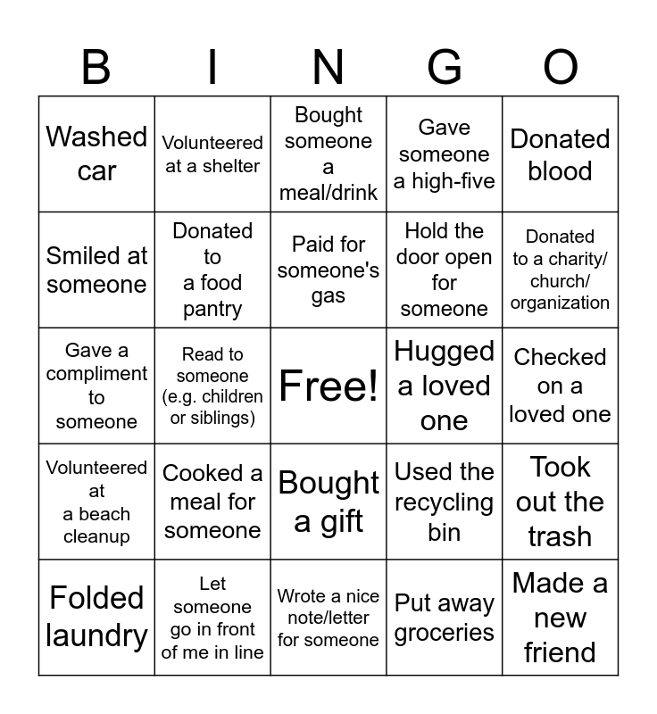 Random Acts of Kindness BINGO Card