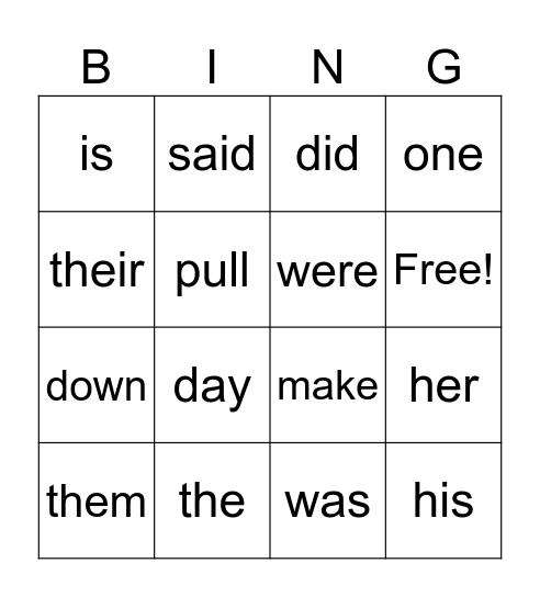 High Frequency Words Bingo Card