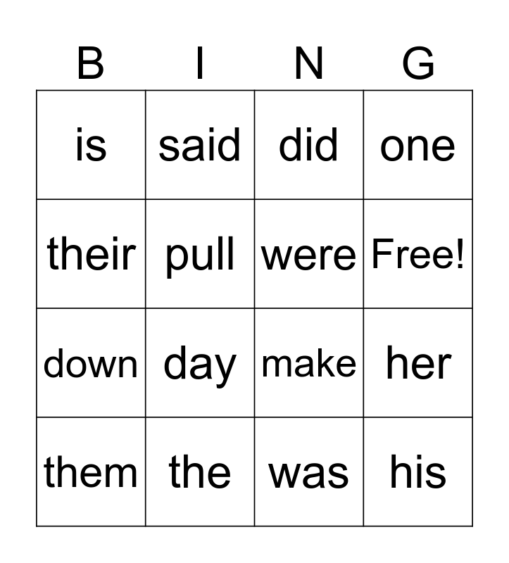 High Frequency Words Bingo Card