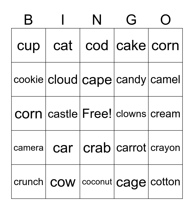 C=/K/ Sound Bingo Card