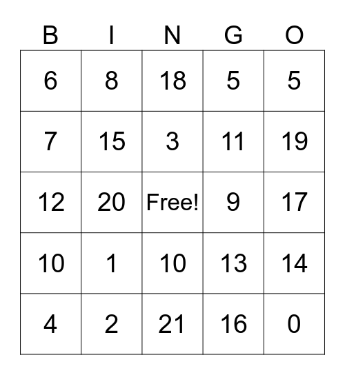 Subtraction Facts Bingo Card